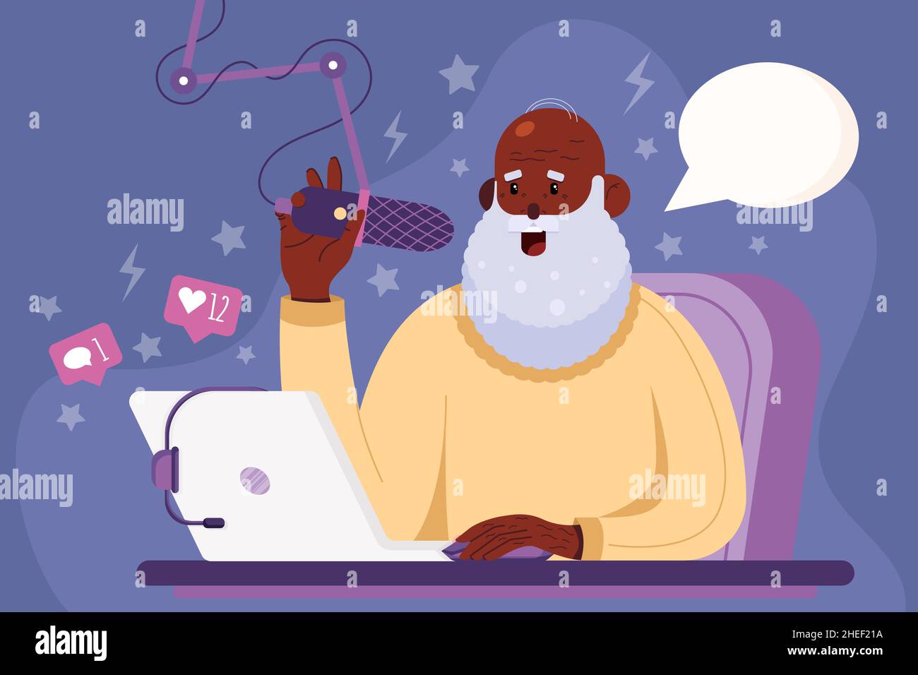 Old man playing video games, elderly gamer with laptop and headphones ...