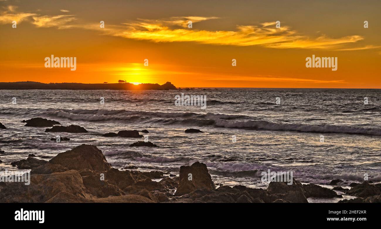The evening sunset on Asilomar beach, looking toward Point Joe, and 17 ...