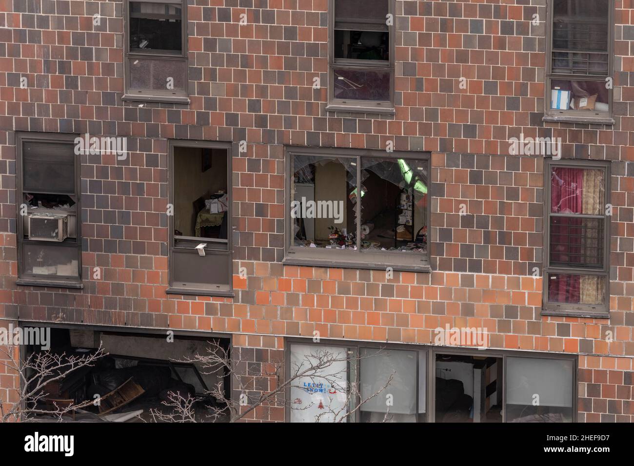 New York, NY - January 10, 2022: View of the devastated building and ...