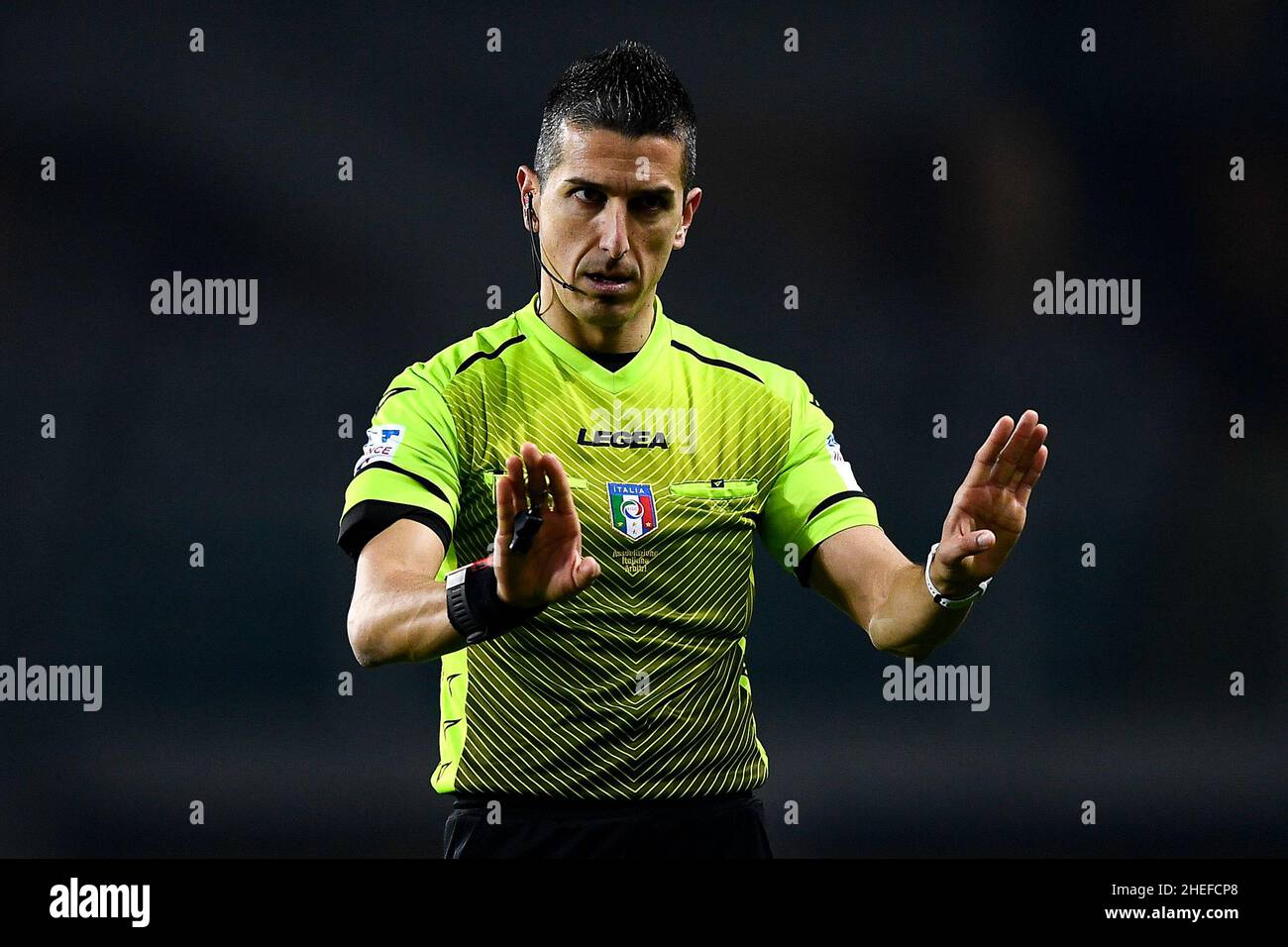 Turin, Italy. 10 January 2022. Referee Livio Marinelli gestures during ...