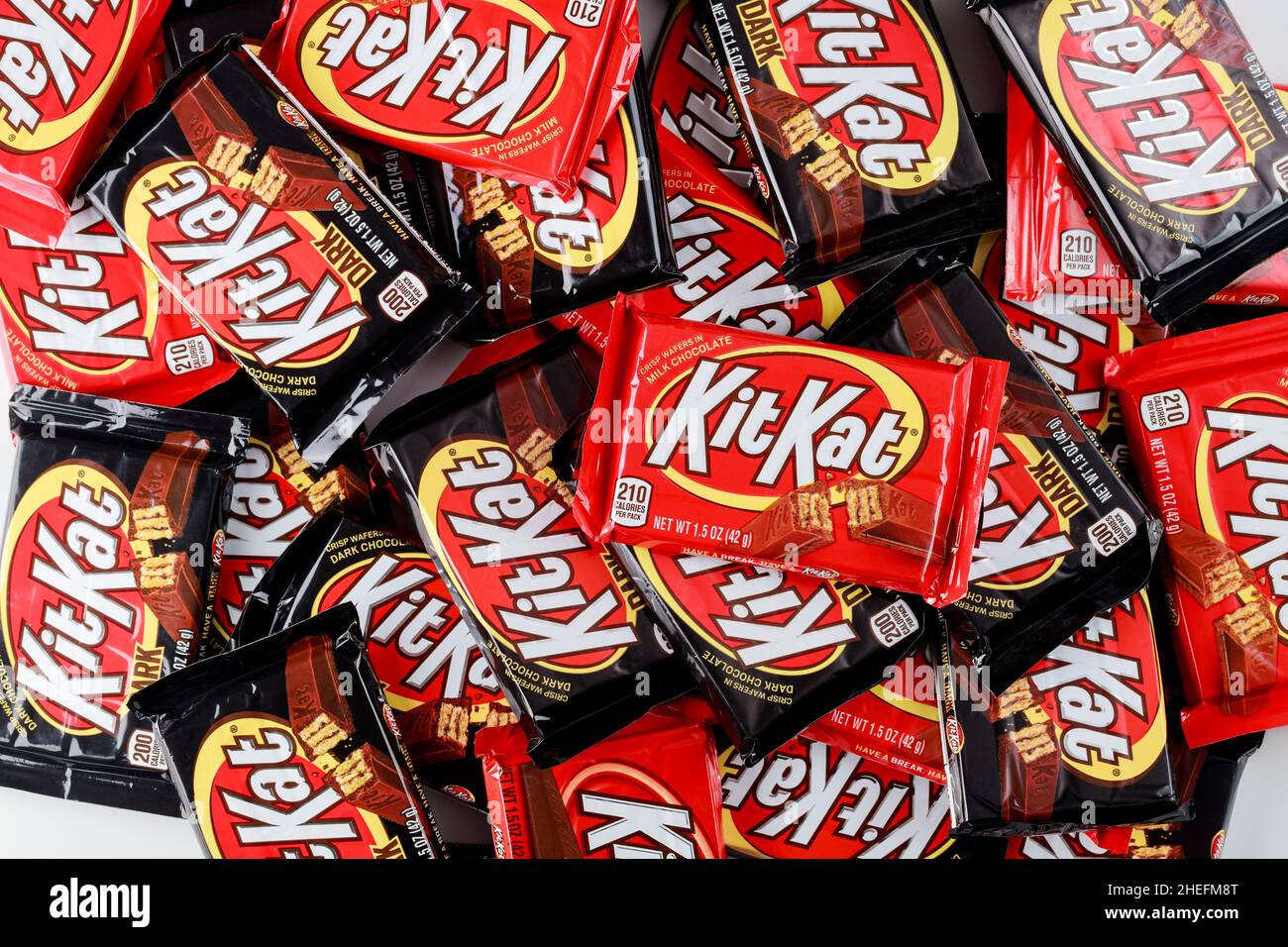 May 4, 2021. New York. Kit Kat wafer bar coated with dark and milk ...
