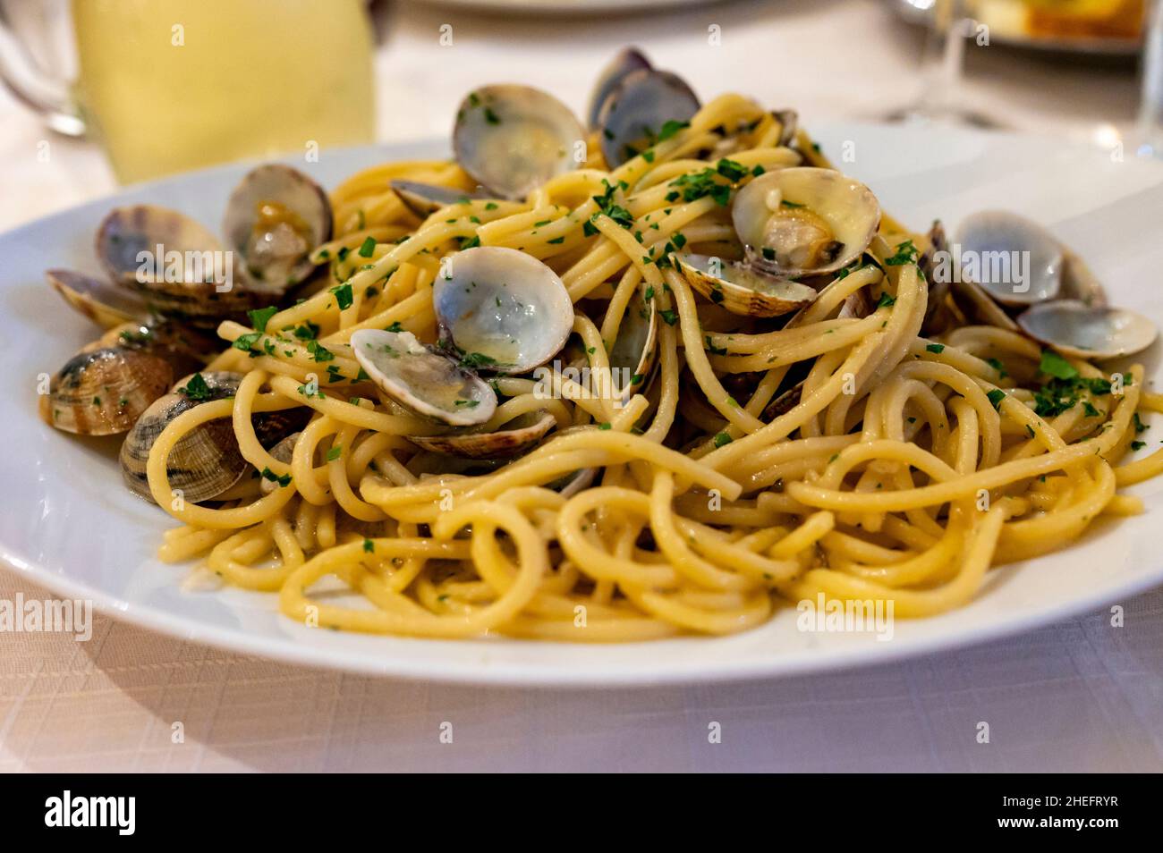 Italian sea food dinner first course pasta with clams alle vongole ...