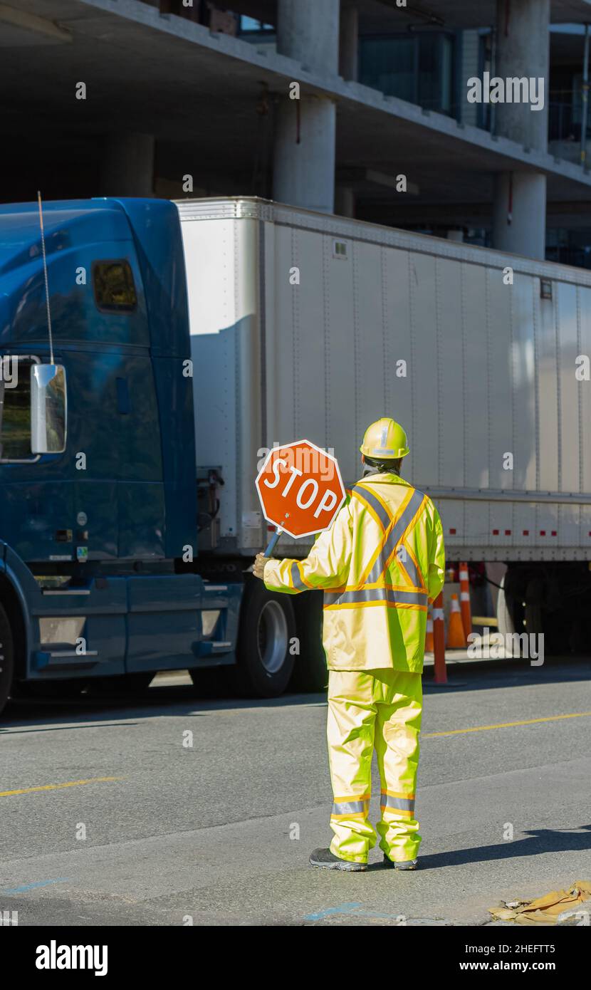 A construction worker stopping traffic, holding a stop sign-October 22 ...
