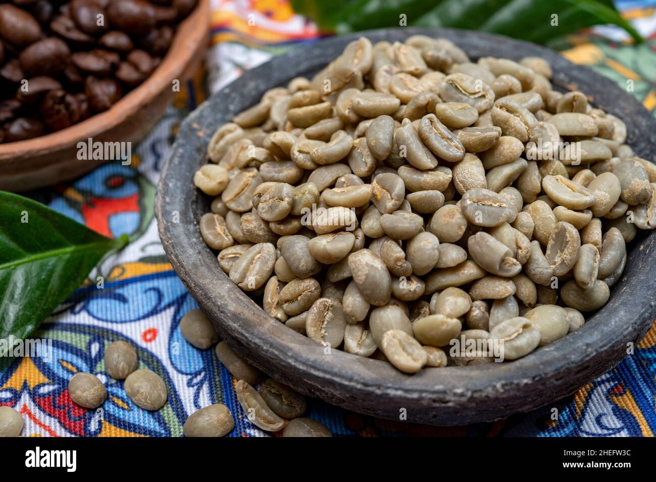 Green and roasted coffee beans from South America coffee producing ...