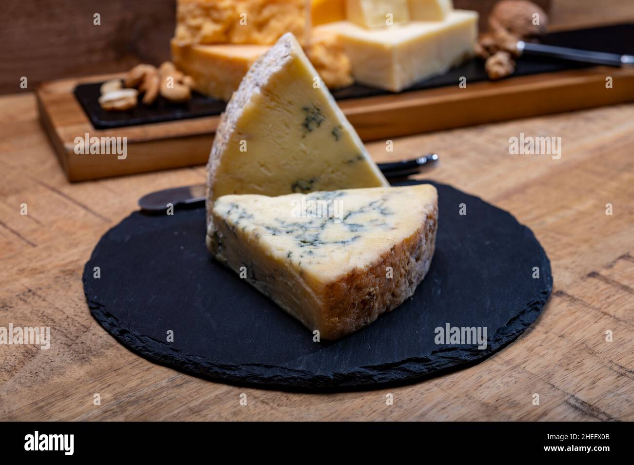 British cheeses collection, blue Stilton, Scottish coloured and English ...