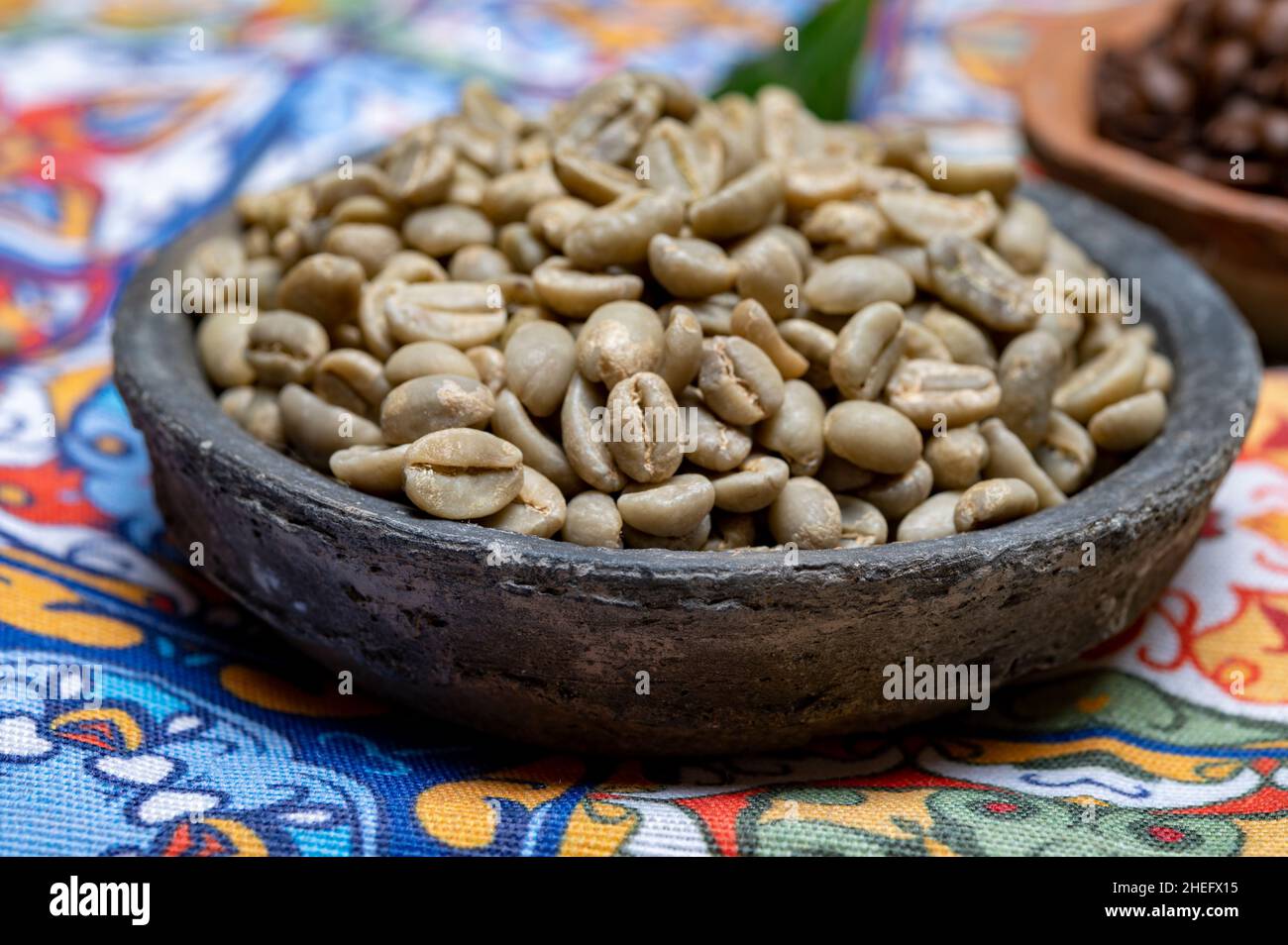 Green and roasted coffee beans from South America coffee producing ...