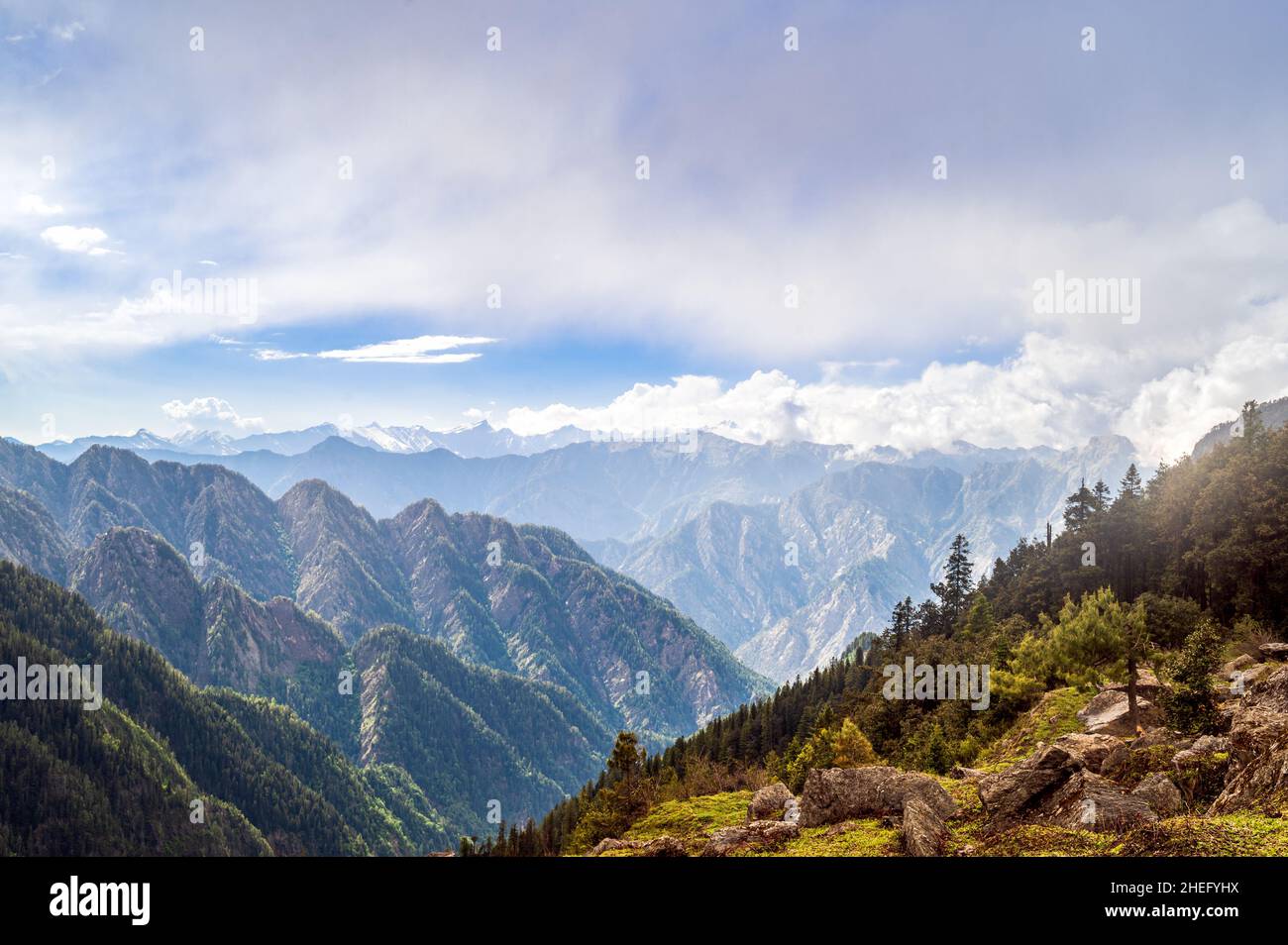 Mountain landscape with clouds, meadows. Himalayas peaks & alpine l ...