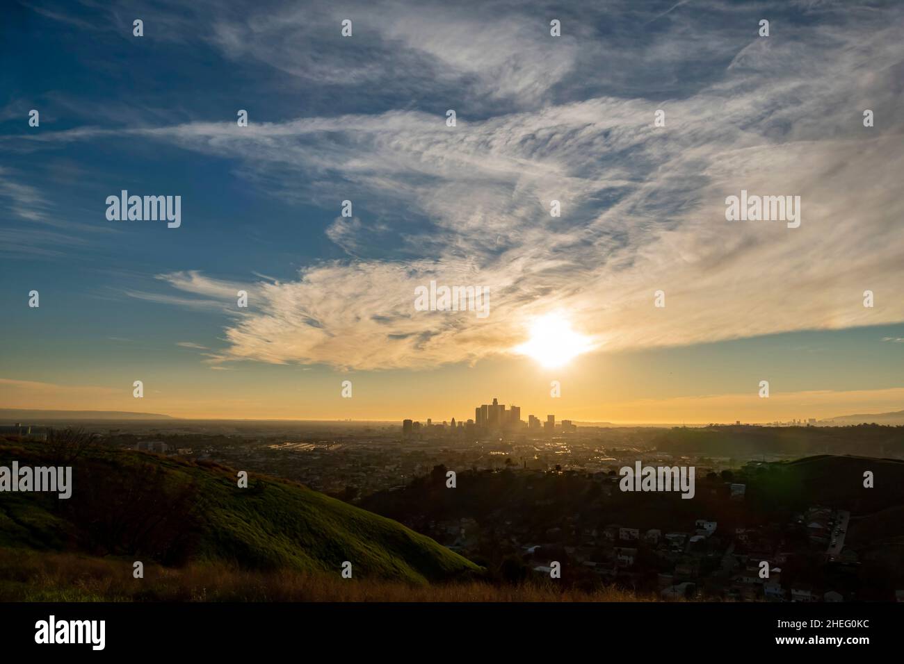Sunset view of the Los Angeles downtown cityscape at California Stock ...