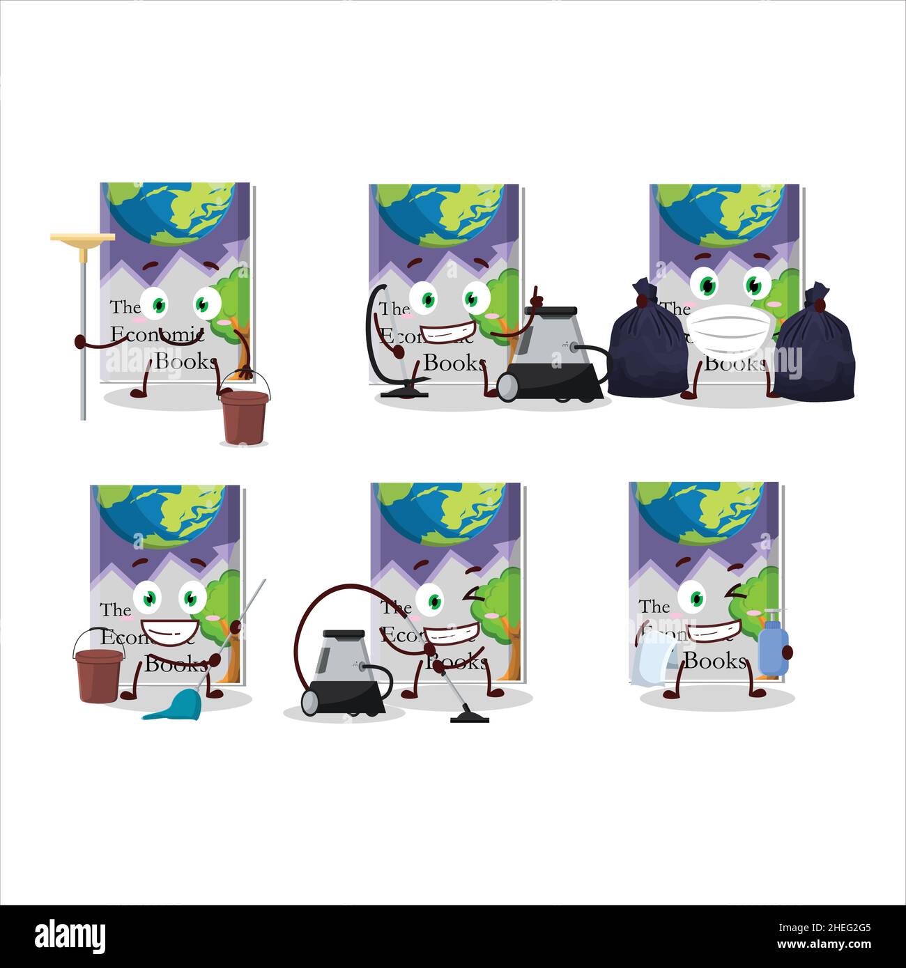Cleaning service economic books cute cartoon character using mop ...