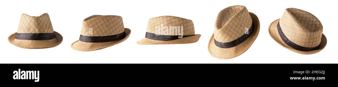 collection of woven hat in different angles, isolated on white ...