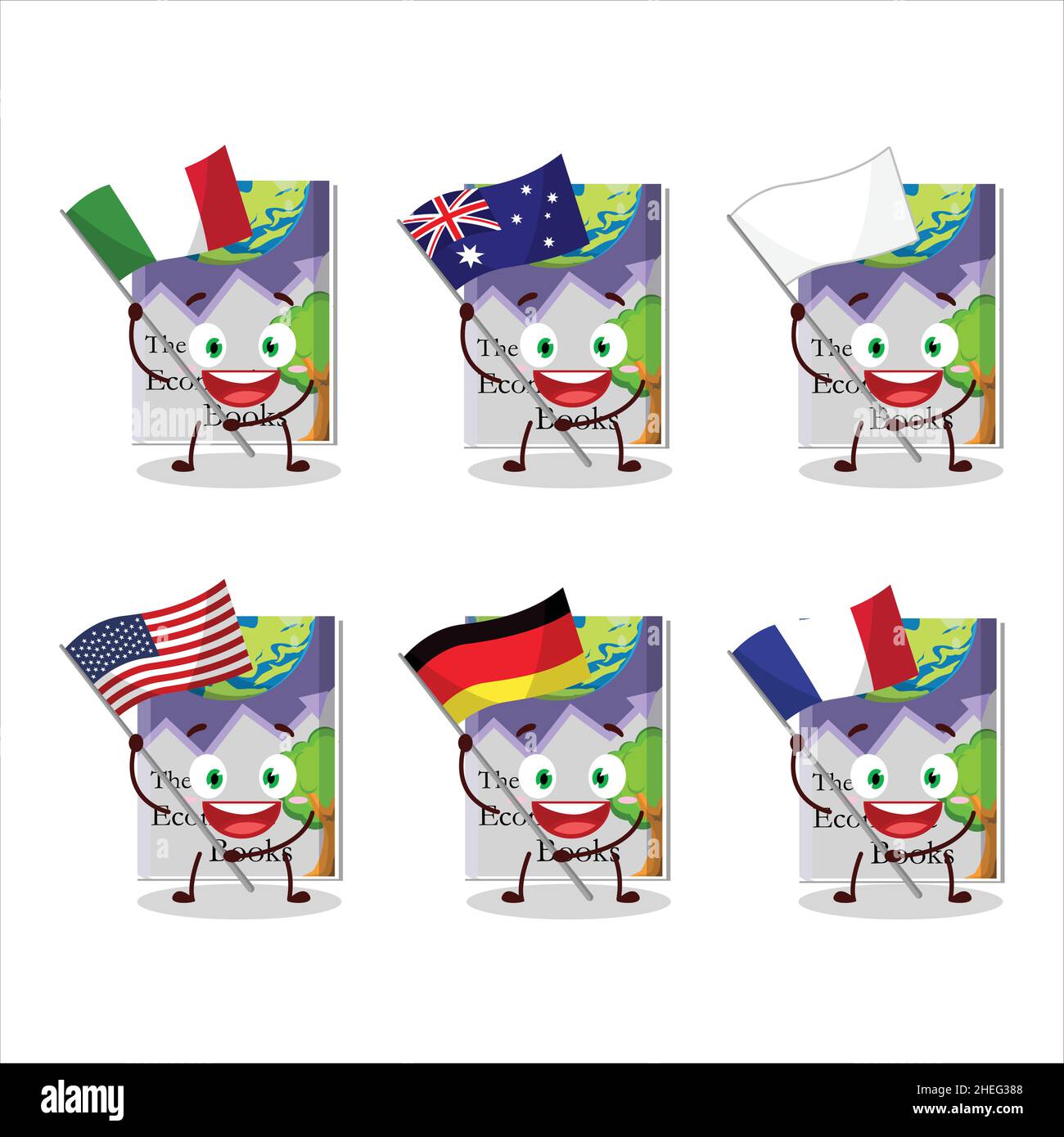 Economic Books Cartoon Character Bring The Flags Of Various Countries