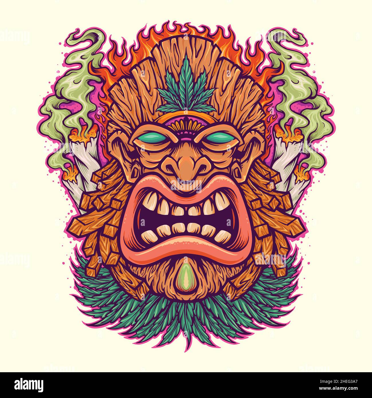 Angry Tiki Leaf Weed mascot with Cannabis Smoke Vector illustrations ...