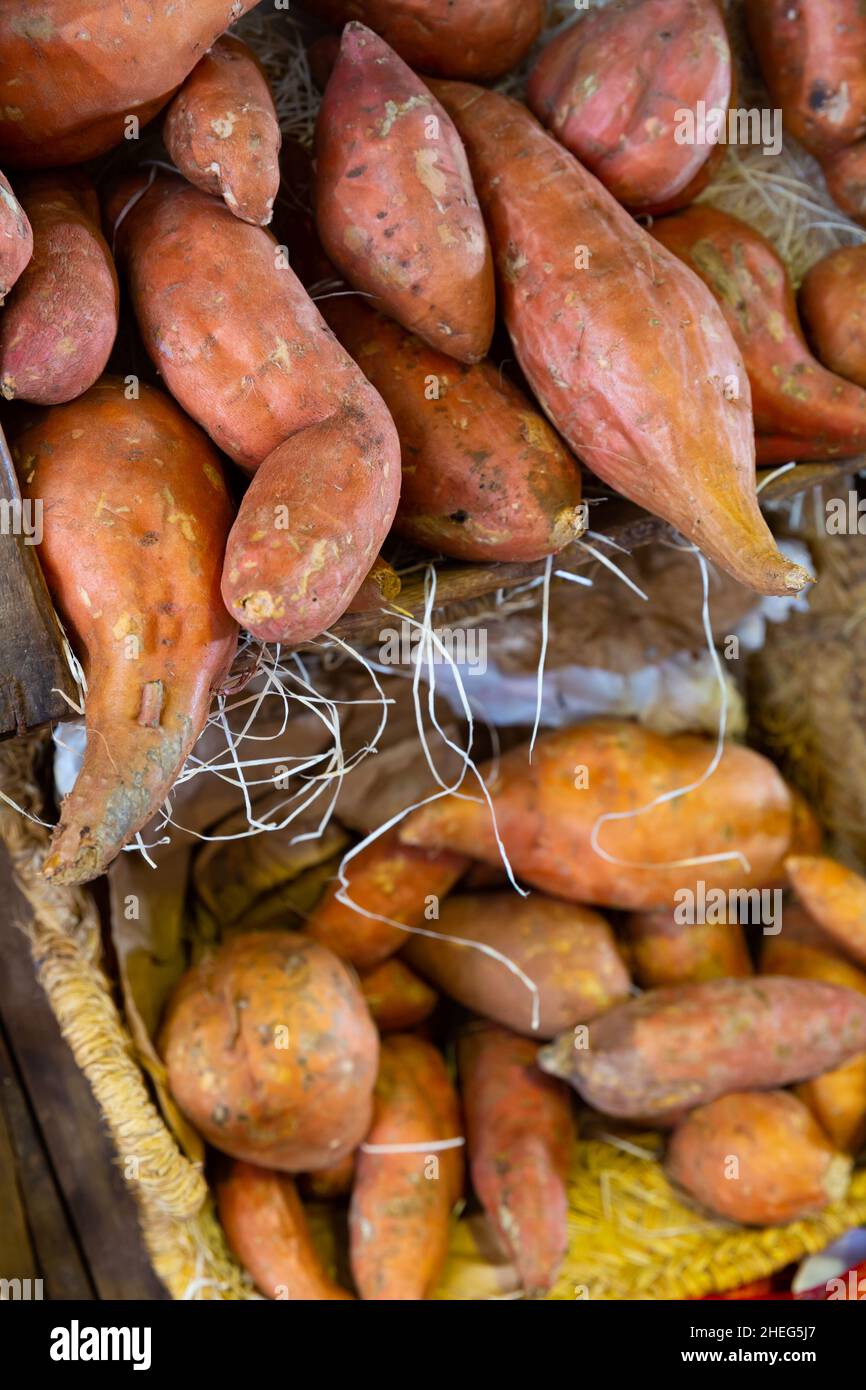 Raw sweet potato in basket in greengrocery Stock Photo - Alamy
