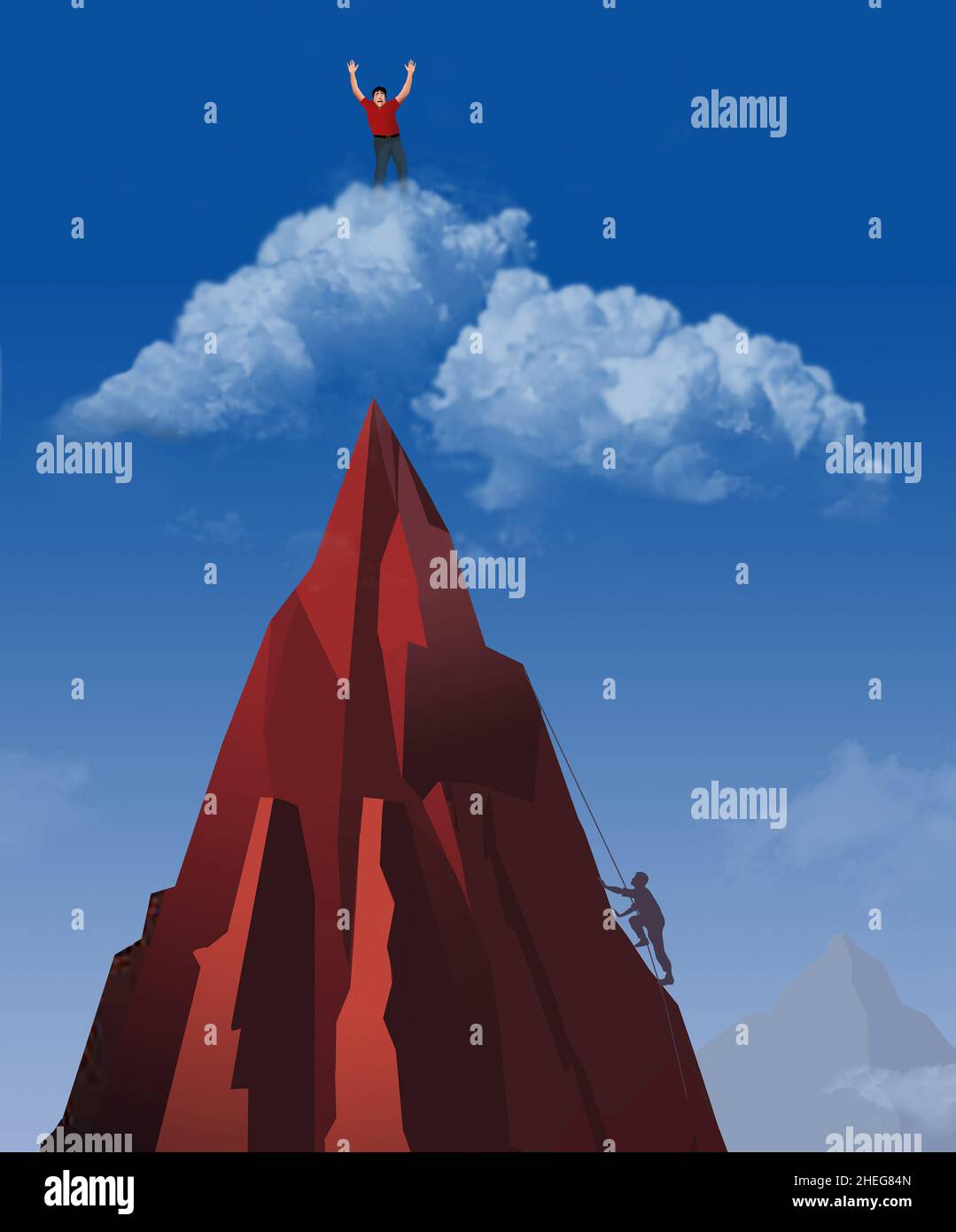 A man climbs beyond the summit of a mountain and reaches the top of a ...