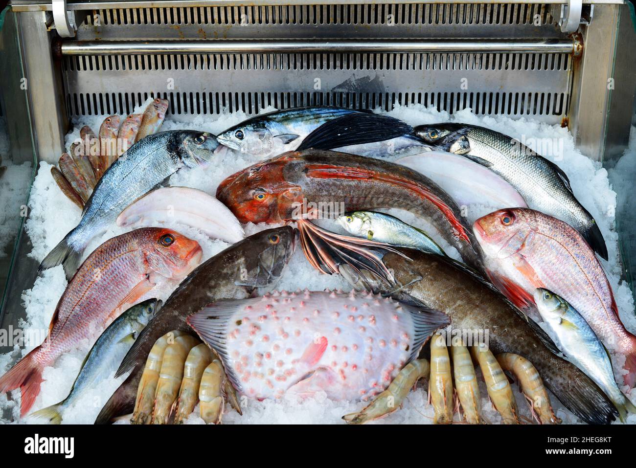 Fresh fish displayed at a restaurant on the Galata bridge in Istanbul ...