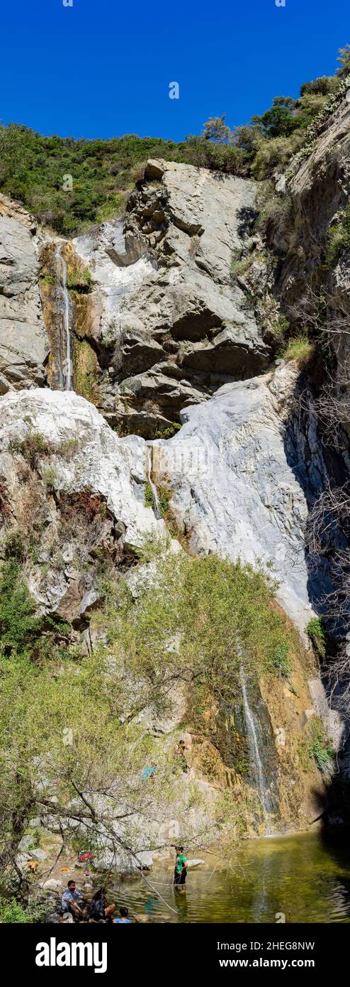 The beautiful waterfall of Fish Canyon Falls Trail, Los Angeles Stock ...