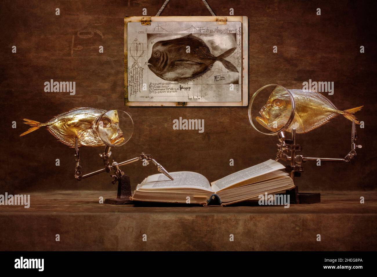Still life with moonfish and an open book "Reading Stock Photo - Alamy