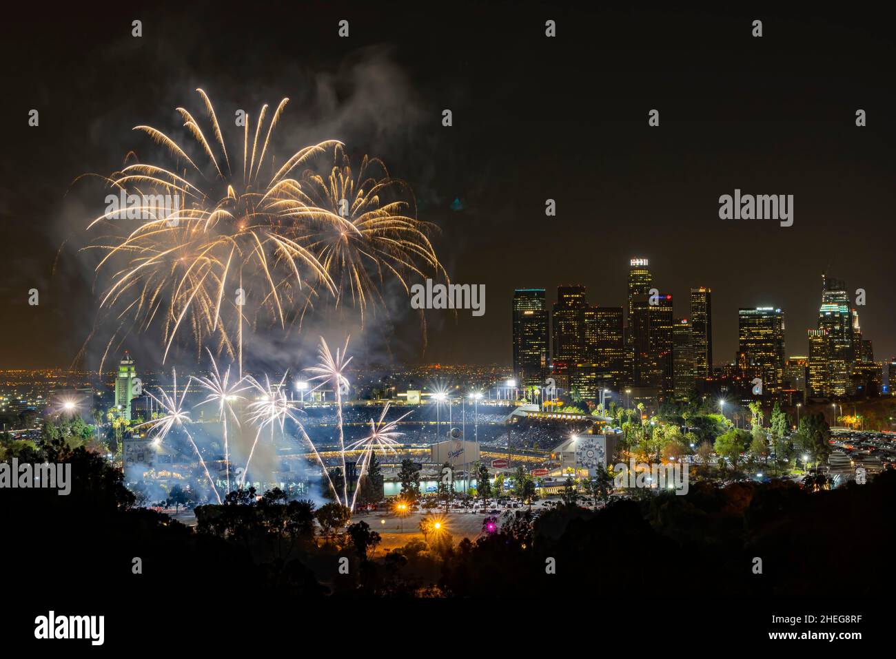 Los Angeles, JUL 29, 2016 - Beautiful fireworks over the famous Dodger ...