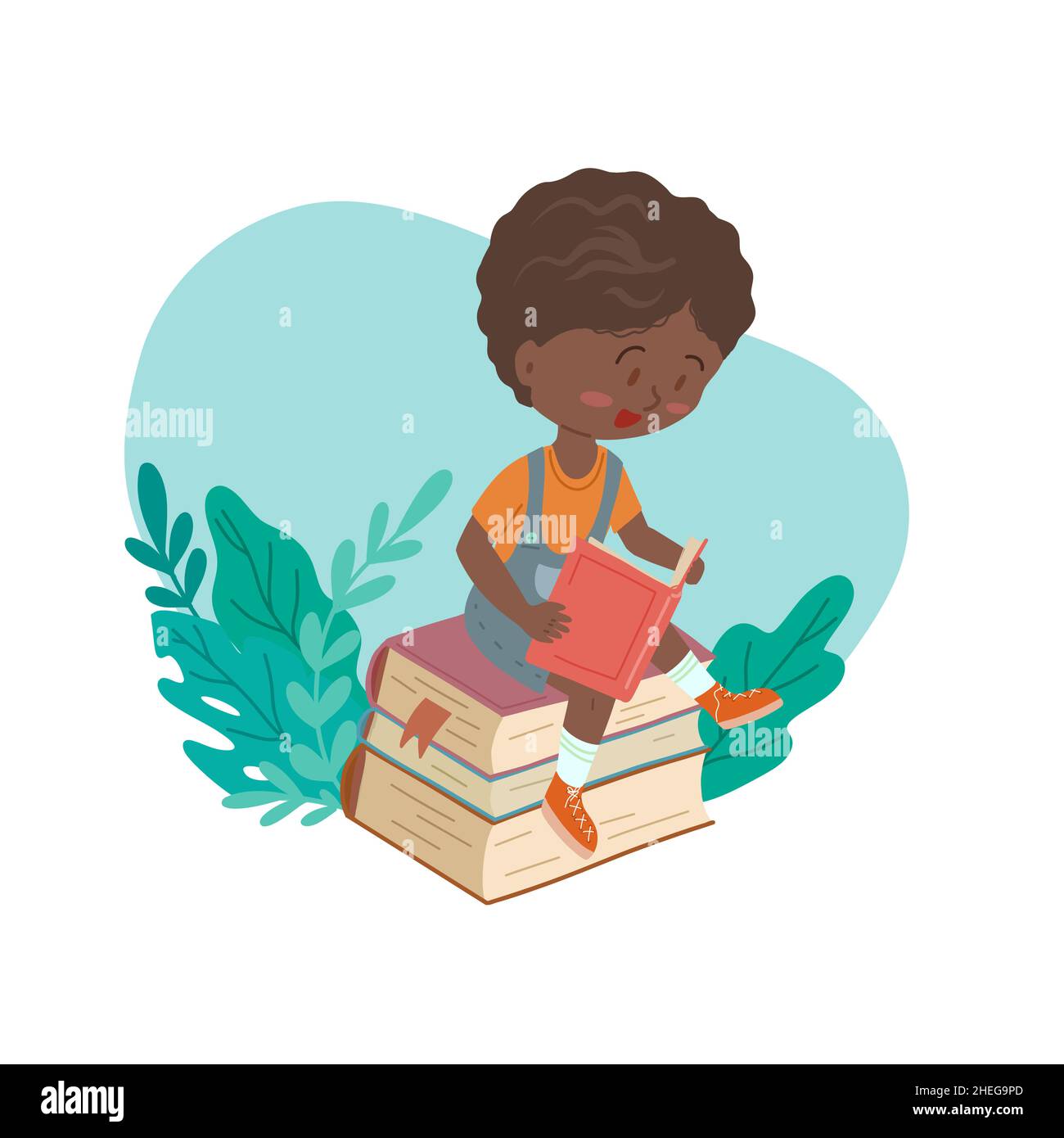 Vector illustration of a reading African boy sitting on a stack of ...