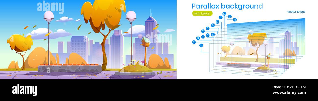 Parallax background autumn city park with wooden bench, 2d fall day ...