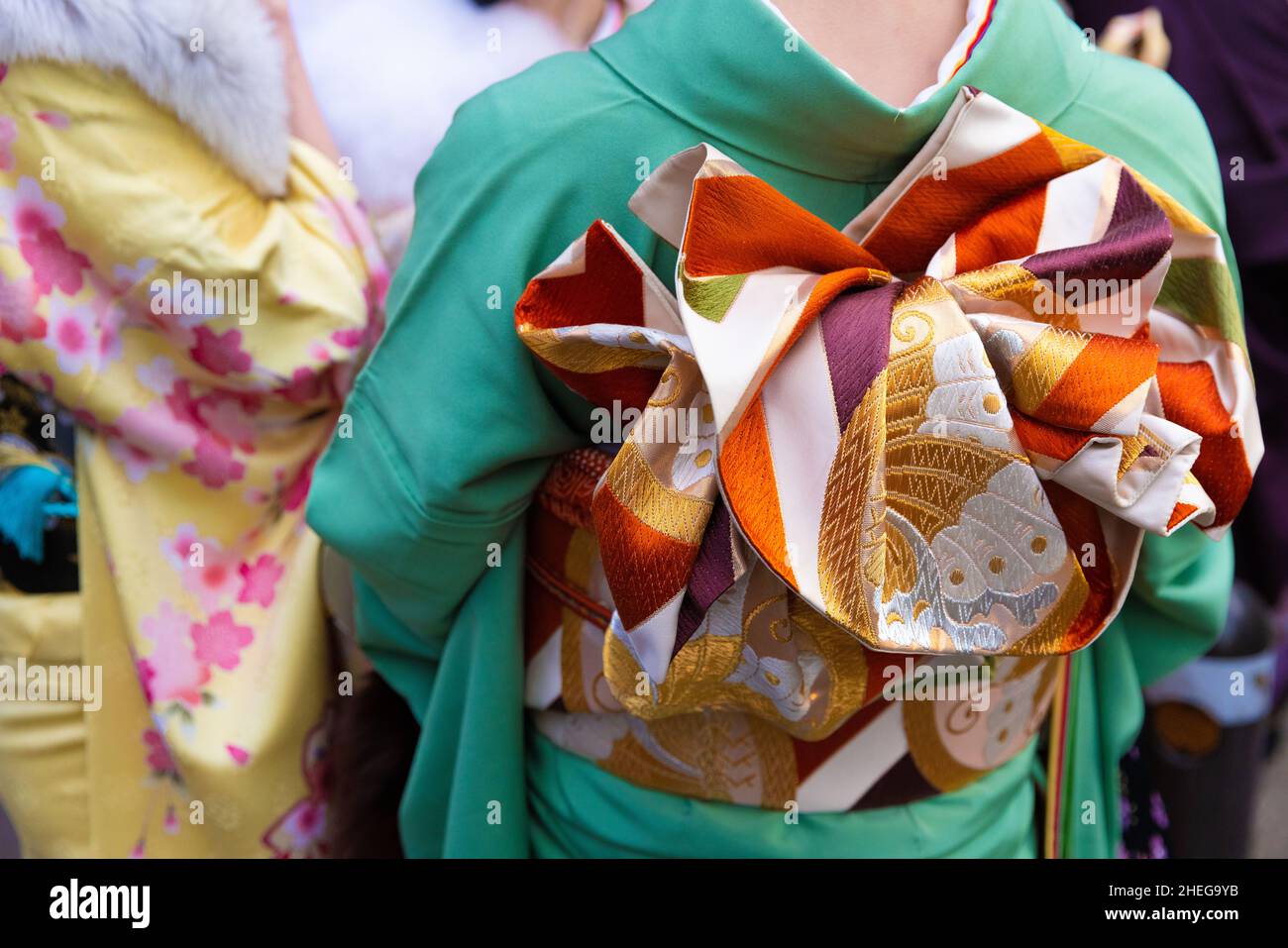 Detail of Furisode attire. Seijin no hi (coming of age day), Yokohama ...