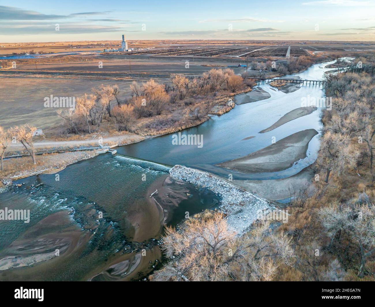water diversion dam on the South Platte River in Colorado, aerial view ...