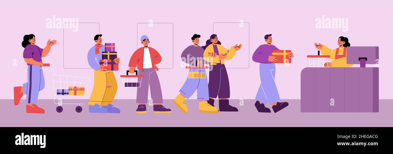 Group of people in queue in supermarket. Angry customers with shopping ...