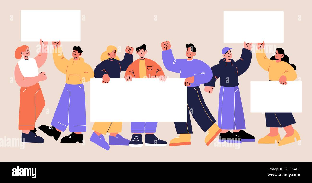 Group of people holding blank banners on protest demonstration, strike ...