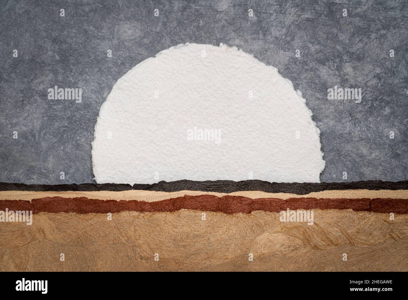 moon or sun rising over abstract colorful landscape, blank circular ...