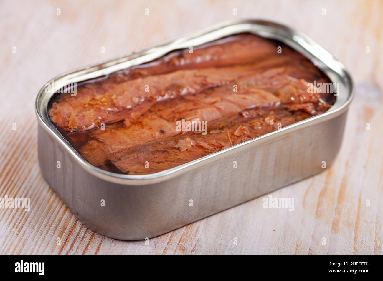 Natural frigate mackerel fillets in tin can Stock Photo - Alamy