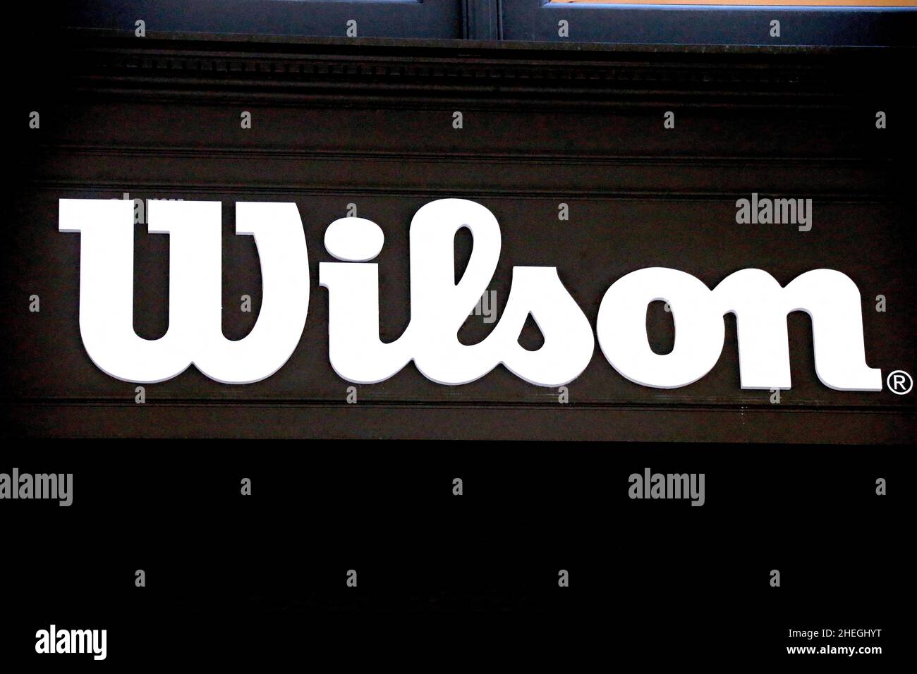 Wilson brand logo on the street in New York City, NY, USA on January 10 ...