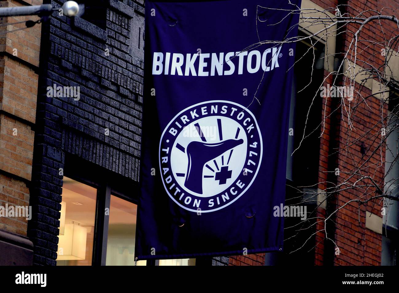 Birkenstock brand logo on the street in New York City, NY, USA on ...