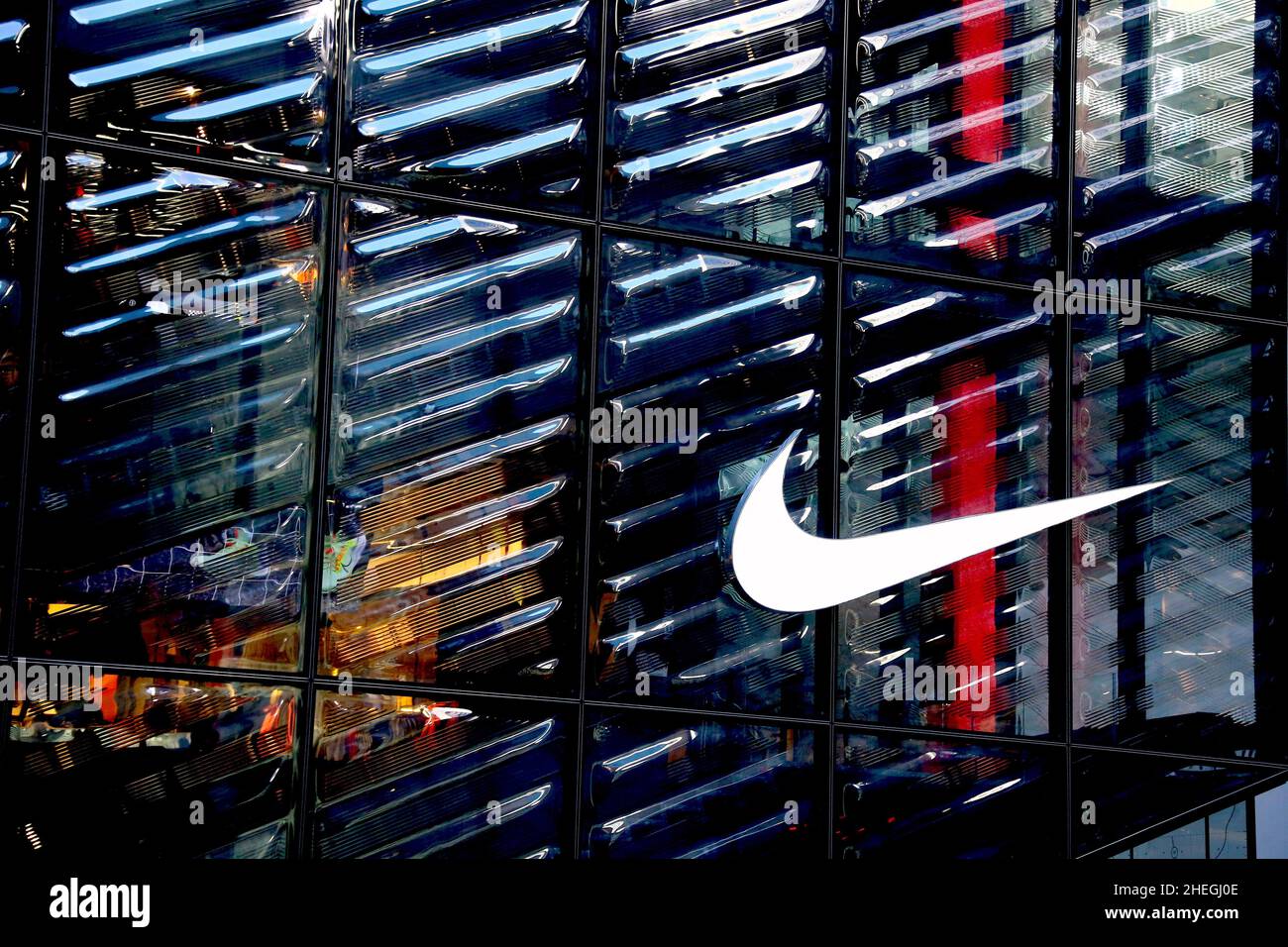 Nike brand logo on the street in New York City, NY, USA on January 10 ...
