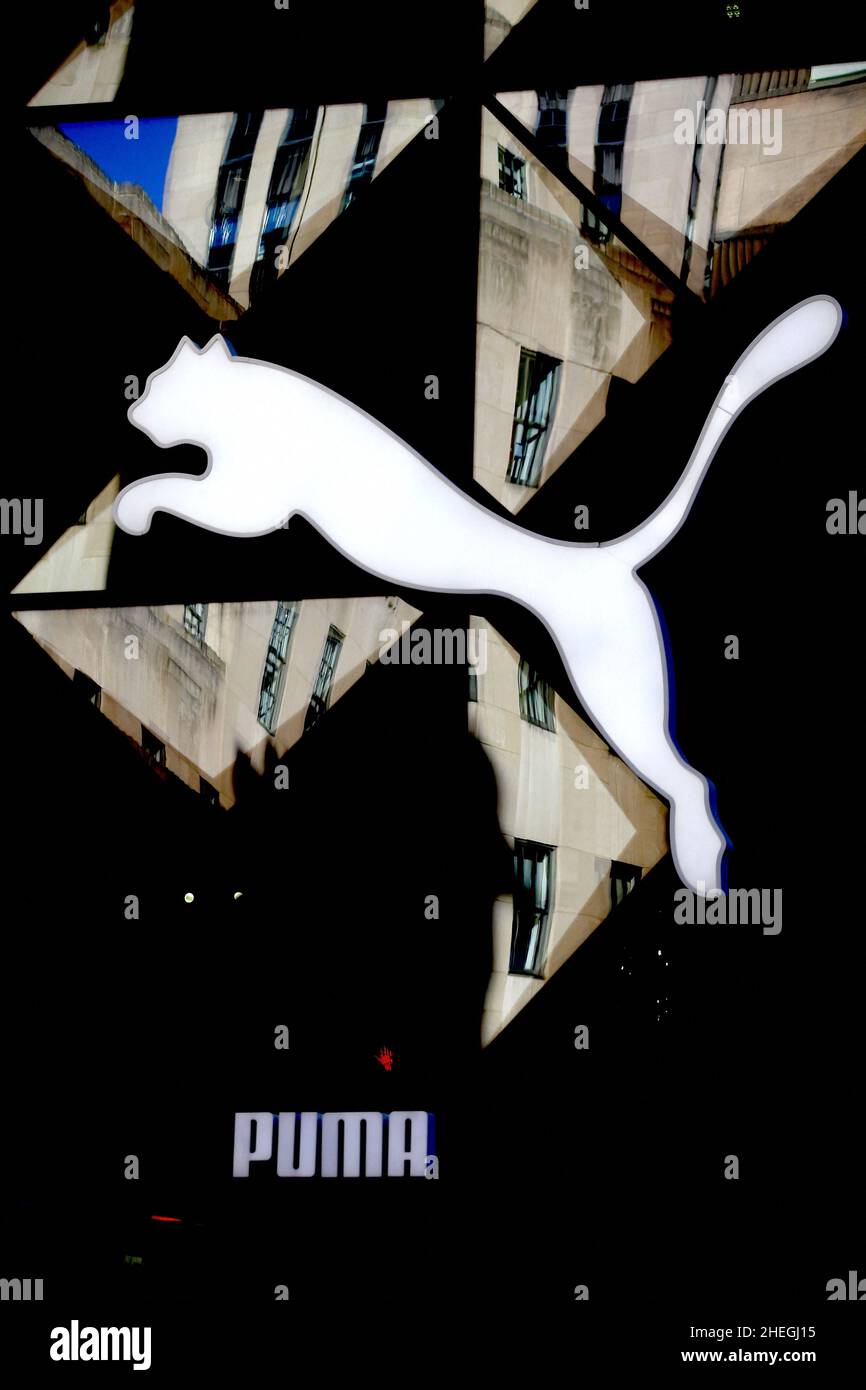 Puma brand logo on the street in New York City, NY, USA on January 10 ...