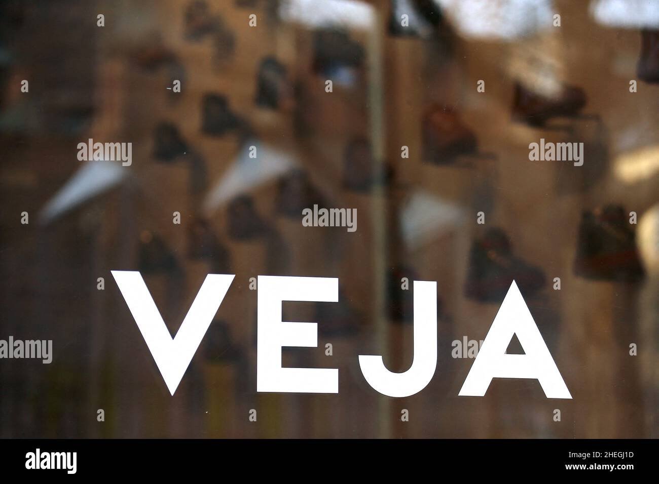 Veja brand logo on the street in New York City, NY, USA on January 10 ...