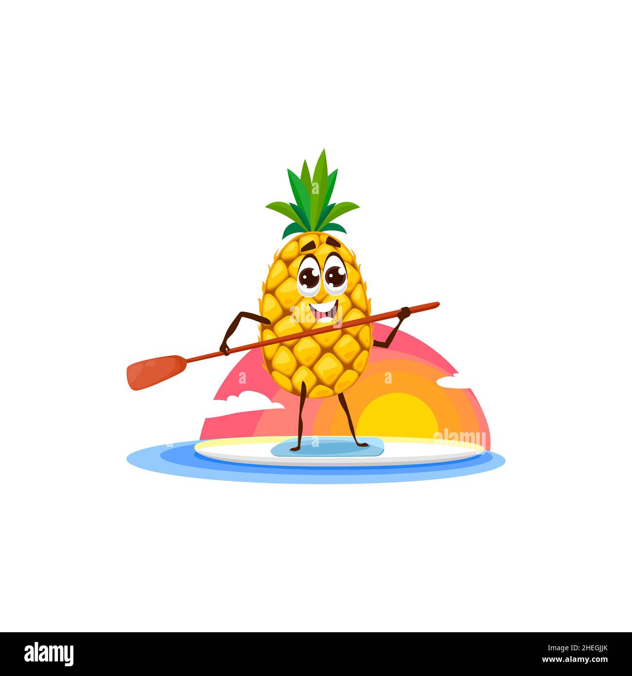 Pineapple funny cartoon character surfing on surfboard with paddle at ...