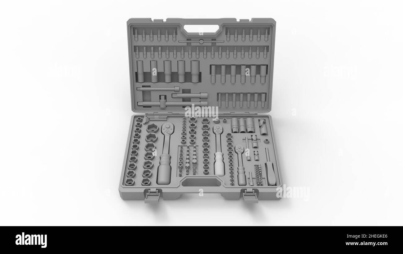 3D rendering of a multi purpose toolbox tools displayed open in empty ...