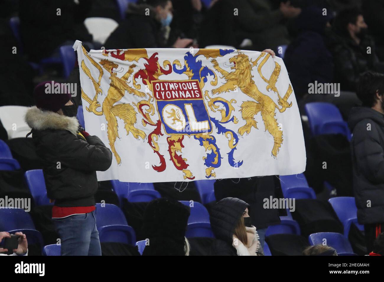 Fans of Lyon during the French championship Ligue 1 football match ...