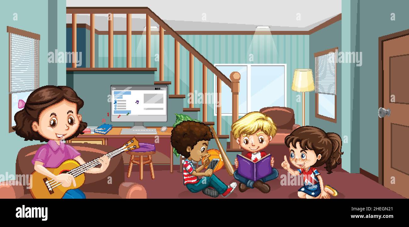 Happy children in the living room scene illustration Stock Vector Image ...