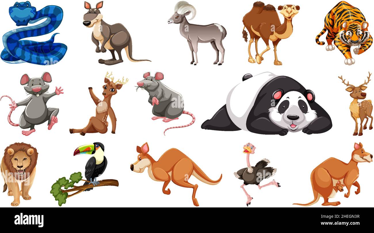 Set of different wild animals cartoon characters illustration Stock ...