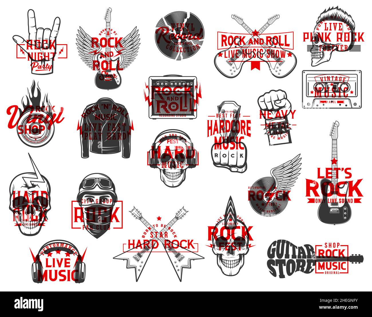 Rock music icons, Rock and roll, punk band show symbols. Vector human skull with mohawk ...