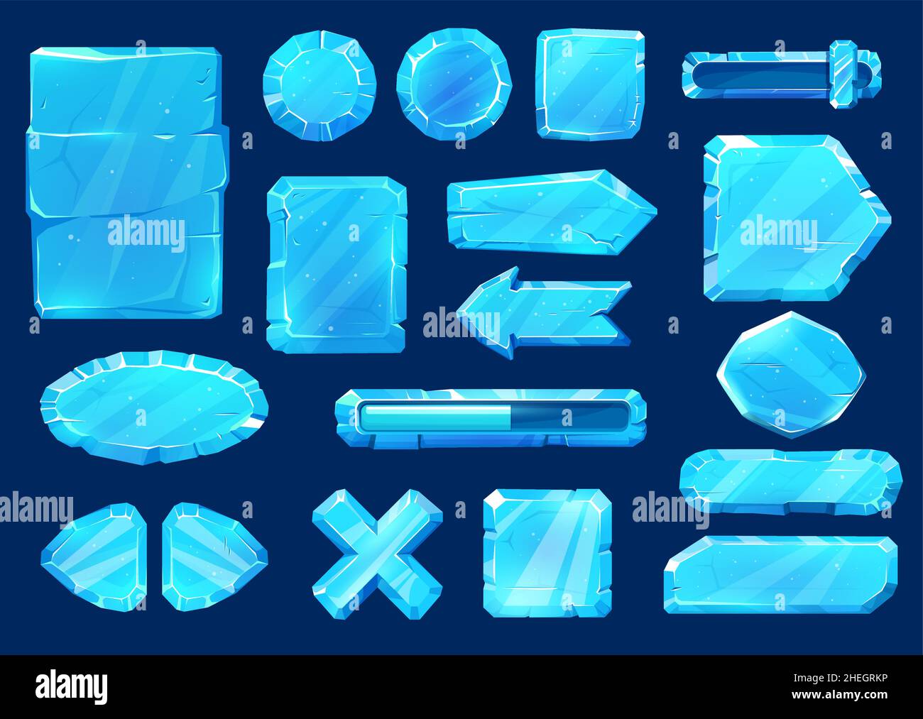 Ice crystal user panel interface buttons, sliders, arrows and keys game asset ui set. Blue iced ...