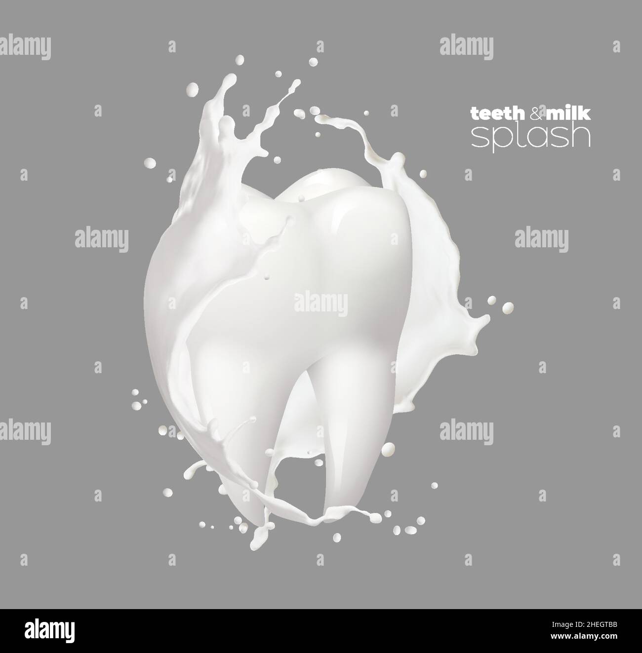 Realistic tooth with white round milk or yogurt splashes with splatters ...