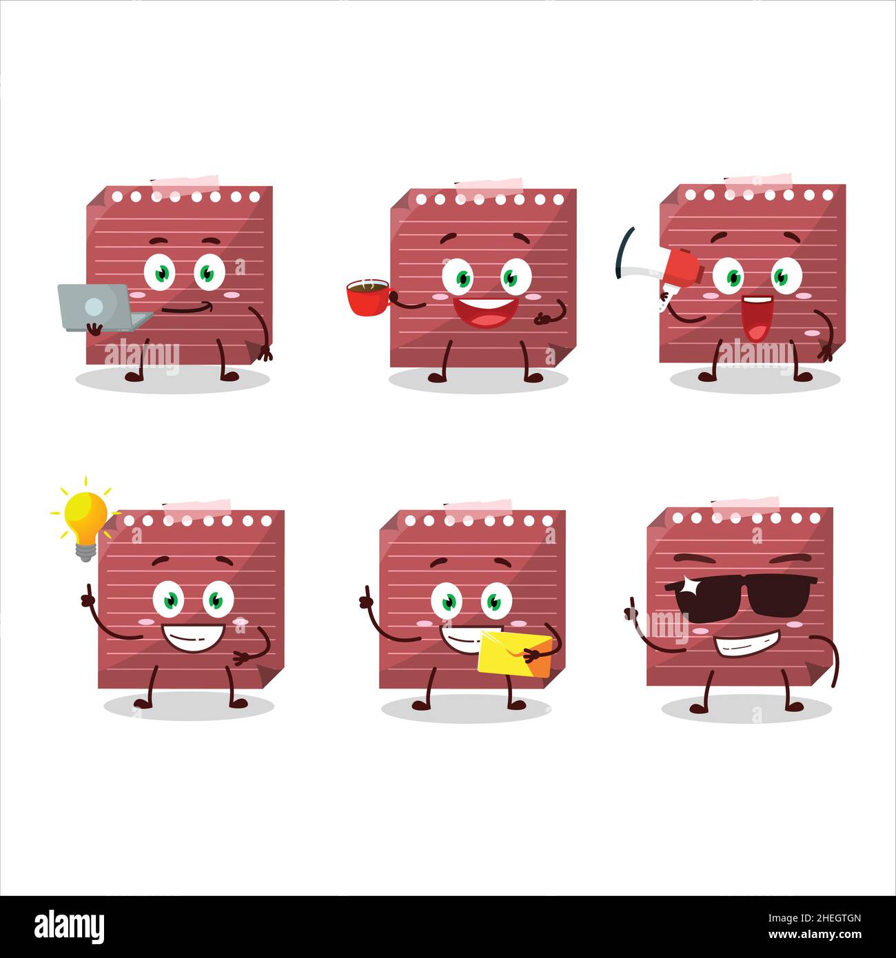 Red sticky note cartoon character with various types of business ...
