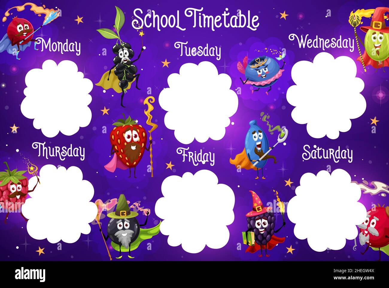 Timetable schedule. Cartoon berry wizard, mage, warlock and fairy ...