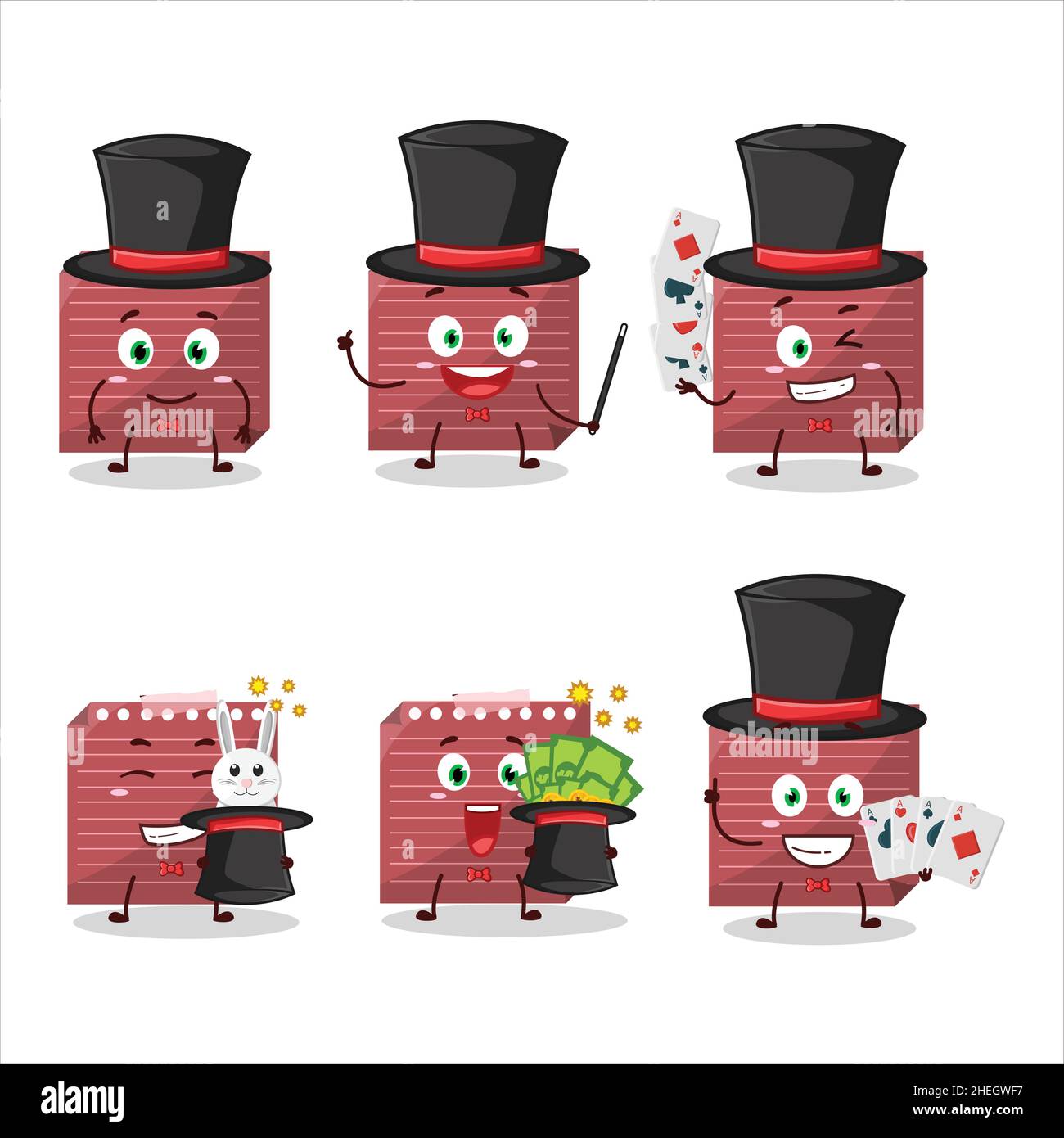 A red sticky note Magician cartoon character perform on a stage. Vector ...