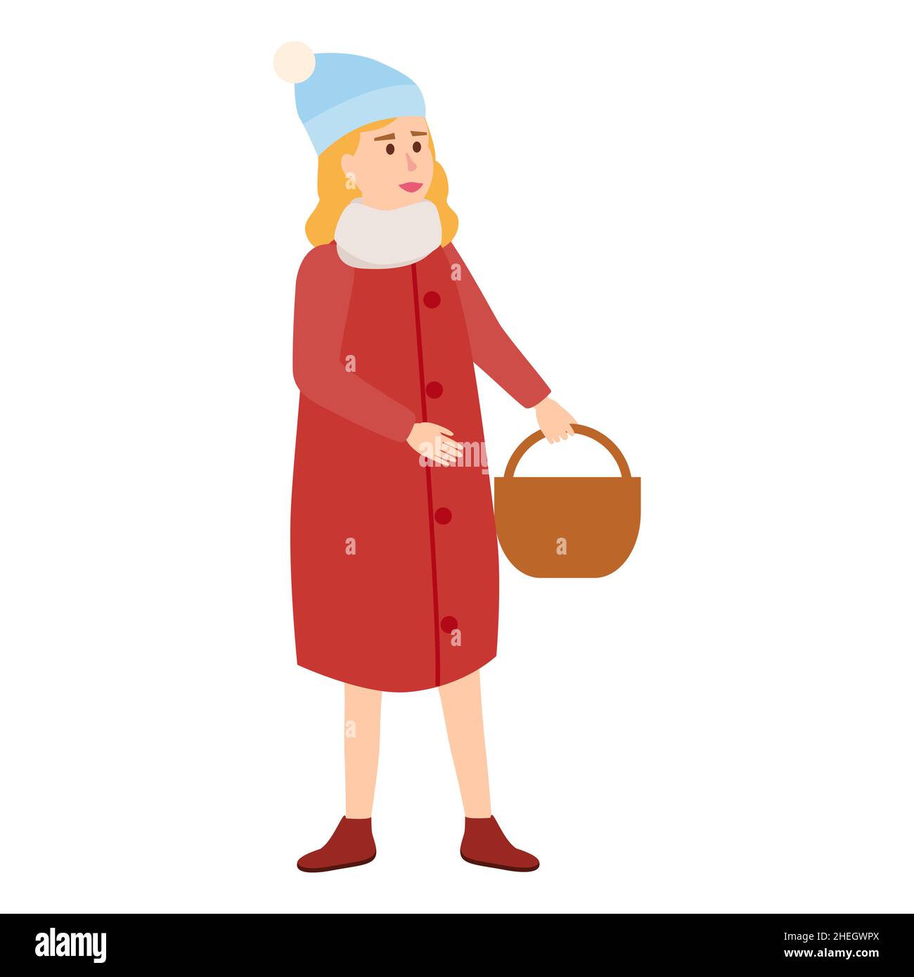 Young Woman winter cold weather clothes, cap, warm coat, boots, with ...