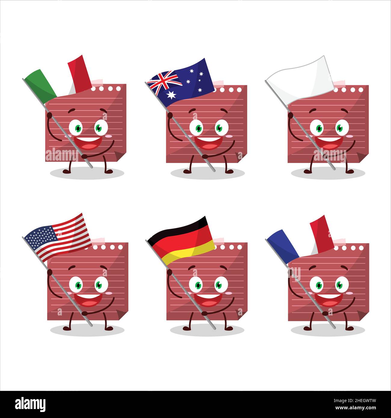 Red sticky note cartoon character bring the flags of various countries ...