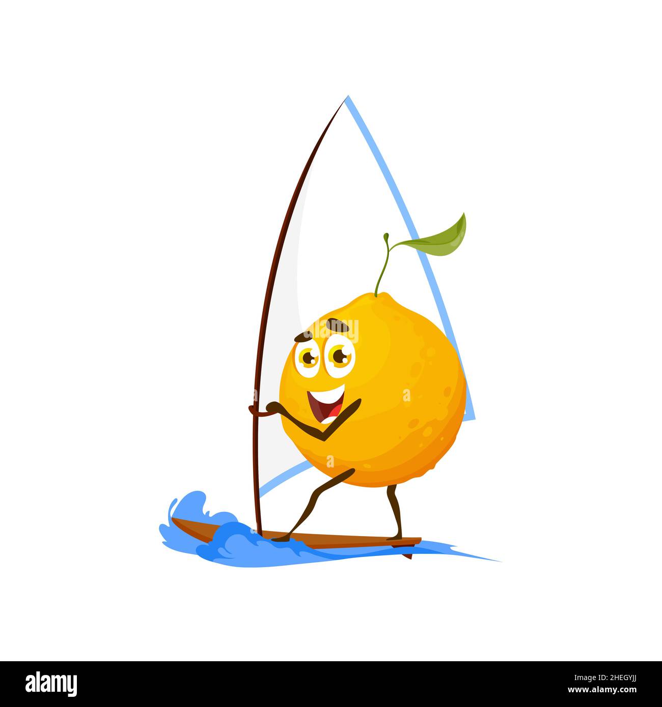 Yellow lemon citrus surfing on water isolated cartoon character. Vector ...