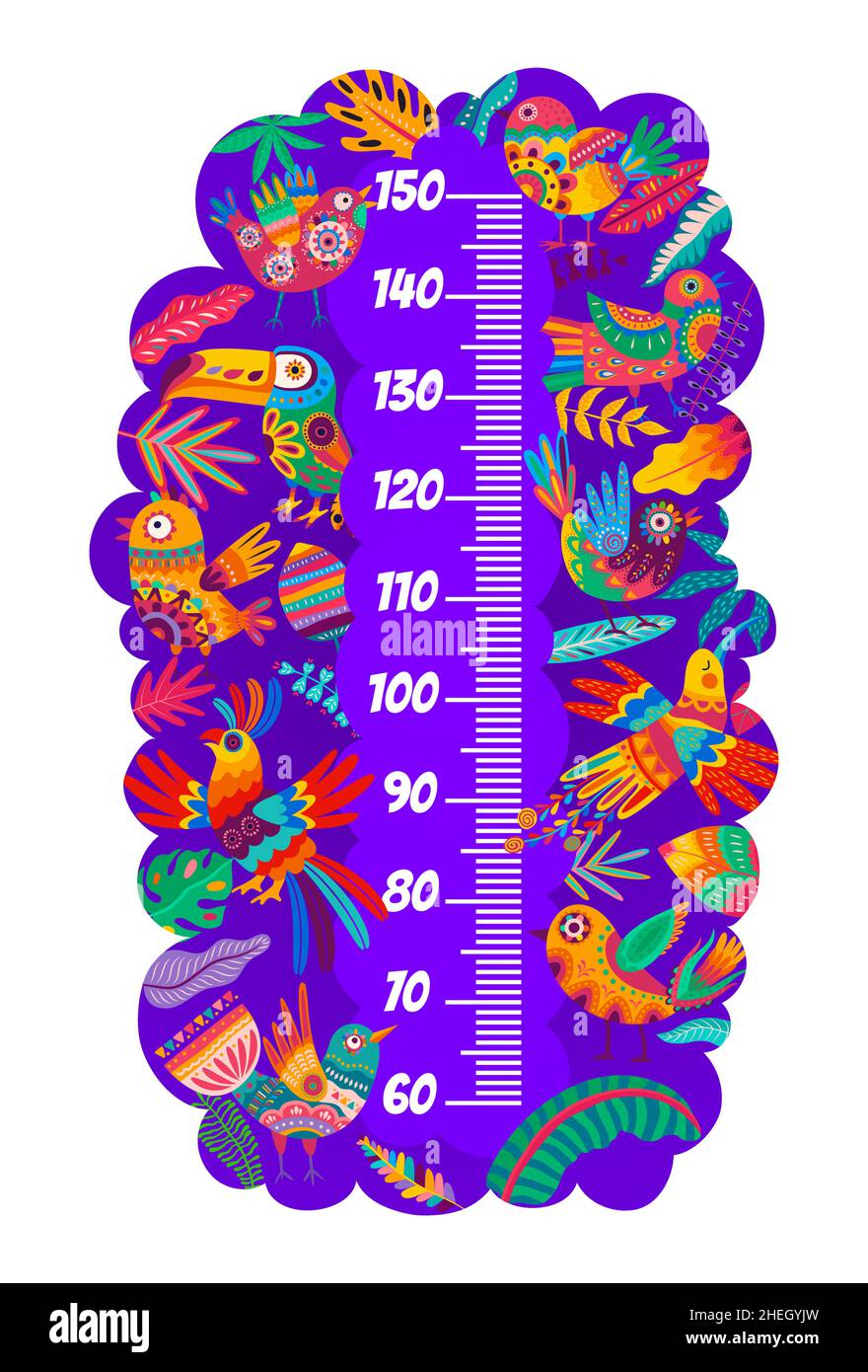 Kids height chart bright alebrije birds and growth meter scale. Vector ...
